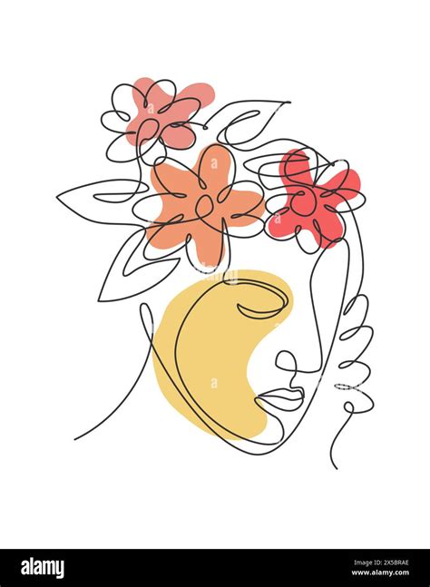 One Single Line Drawing Abstract Face With Natural Flowers Vector Illustration Beauty Woman
