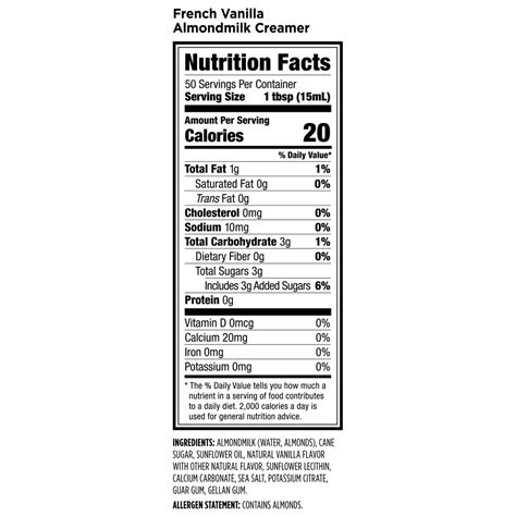 Califia Farms Almond Creamer French Vanilla Dairy Free Nutrition Facts
