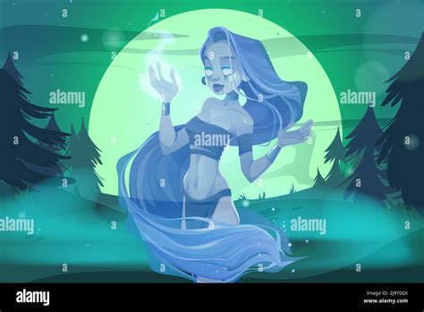Magic Woman Ghost In Night Forest Creepy Nymph With Bleeding Eyes And Fire On Hand At Full Moon