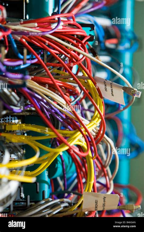 computer cables ethernet network and patch cables in a server rack