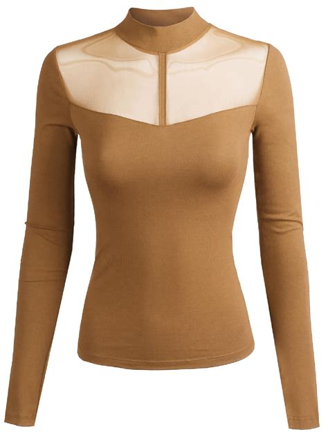 Fashionoutfit Womens Fitted Long Sleeve Stretch Mock Neck Mesh Detail