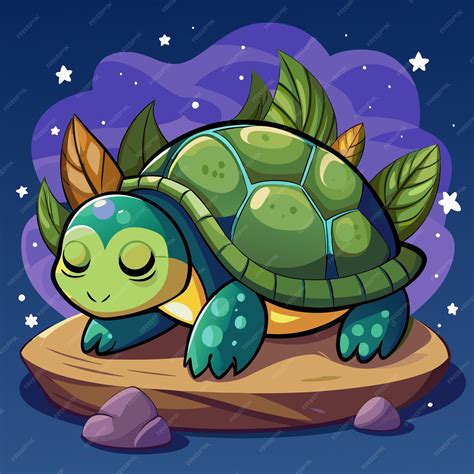 A Turtle With A Green Body Sits On A Rock Under A Starry Night Sky Premium Ai Generated Vector