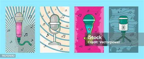 마이크 세트 카드 포스터 벡터 일러스트 복고풍 음악 콘서트 음악 라이브 콘서트 가수에 의해 노래를 녹음 축제 광고 공공 공연