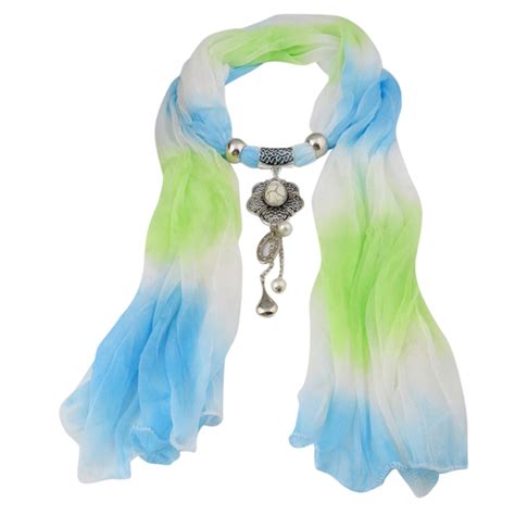 Women Pendant Scarf With Tassel Rhinestone Jewelry Scarf Blue Green