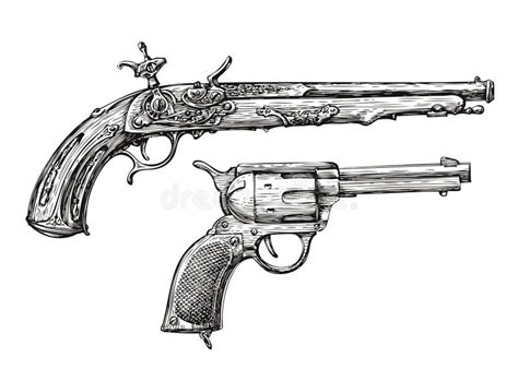 Vintage Gun Retro Pistol Musket Hand Drawn Sketch Of A Revolver