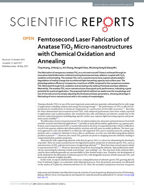 Pdf Femtosecond Laser Fabrication Of Anatase Tio2 Micro