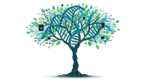 a digital tree illustration intertwines dna strands with electronic