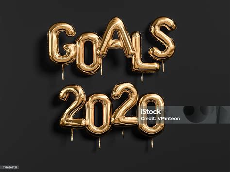 검은 배경에 2020 목표 풍선 텍스트입니다 새해 휴일 장식 계획 개념에 대한 위시리스트 3d 렌더링 2020년에 대한 스톡