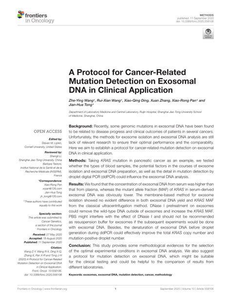 Pdf A Protocol For Cancer Related Mutation Detection On Exosomal Dna In Clinical Application