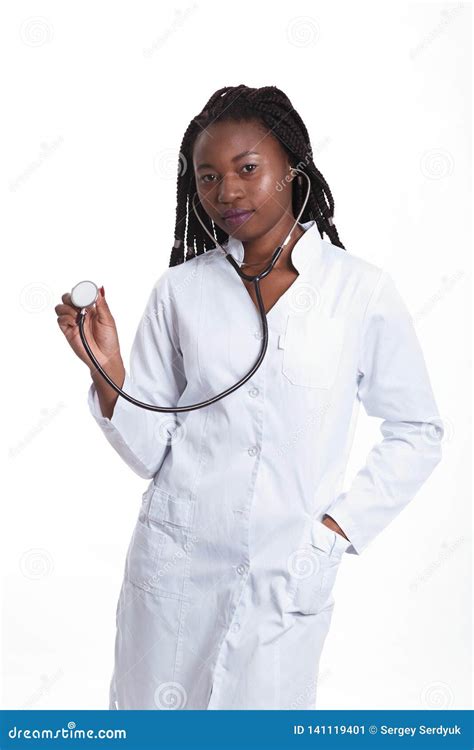 Female American African Doctor Nurse Woman Wearing Medical Coat And