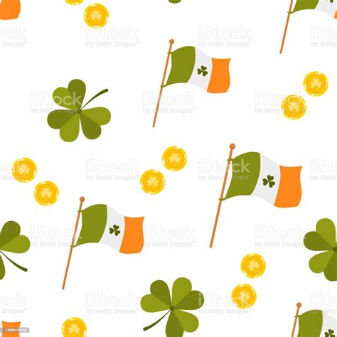 성 패트릭 날 플래그와 원활한 패턴 아일랜드 휴가를위한 귀여운 축제 배경 플랫 만화 스타일의 벡터 일러스트레이션 직물 패키지 종이 벽지 인사말 카드에 적합 St