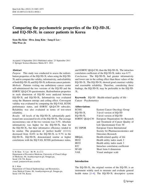 Pdf Comparing The Psychometric Properties Of The Eq 5d 3l And Eq 5d