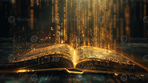Open Book Emitting Glowing Digital Code Streams Dark Background Futuristic Concept 46274110