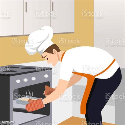 요리 경험 가사 의무 및 집안일 가정 활동을하는 남자 남성 캐릭터 요리 베이크는 부엌의 오븐에 생빵을 넣고 베이커 쿡 디저트