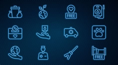 세트 라인 무료 하룻밤 숙박 집 발자국 심장 위치 헌혈 기부 및 자선 단체 쓰레기통 응급 차량 및 자원 봉사 팀 나무 심기 아이콘 벡터 가정의 방에 대한 스톡 벡터 아트 및