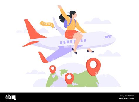 Happy Woman Riding Plane Or Aircraft Flat Vector Illustration Stock
