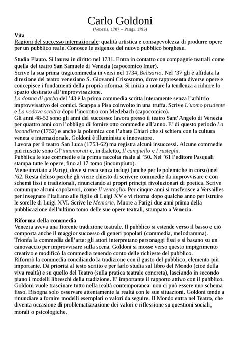 Riassunto Carlo Goldoni Docsity