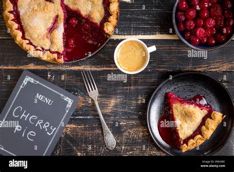 Homemade Sliced Cherry Pie With Flaky Crust Cup Of Coffee Bowl With