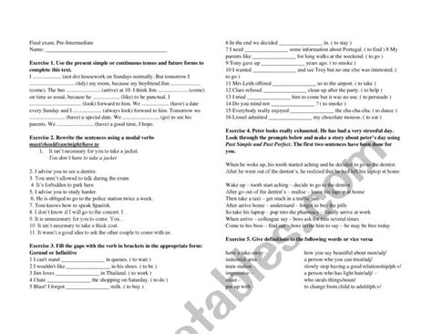 Pre Intermediate Final Test Esl Worksheet By Kukony