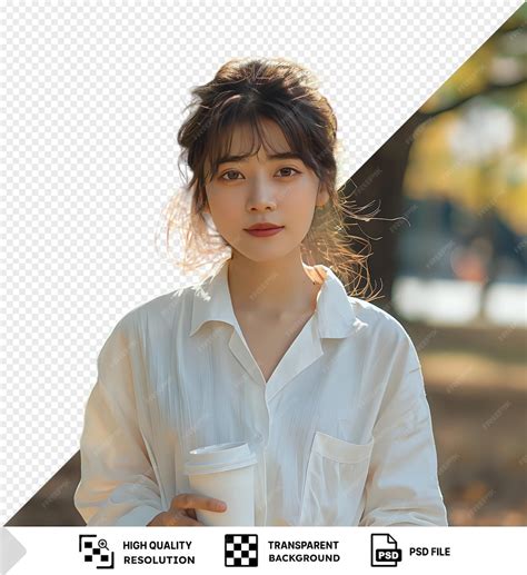 写真は茶色のと白いシャツを着た若い女の子が手に白いカップのコーヒーを持ちその茶色の目と鼻は画像に見えます Png Psd プレミアムpsdファイル