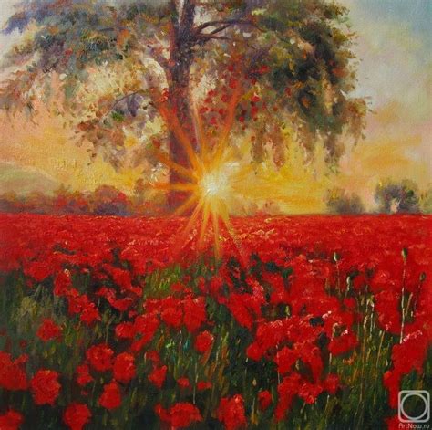 Картина маслом на холсте Ромм Александр Поле с маками В лучах заката Ocean Landscape