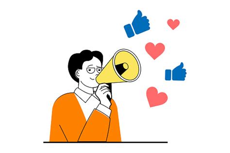 플랫 웹 디자인에서 사람들 장면이 있는 소셜 미디어 개념 메가폰을 가진 남자는 새로운 게시물을 만들고 좋아요와 하트 반응을