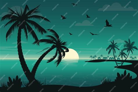 Premium Vector Evening Beach Flat Vector Illustration