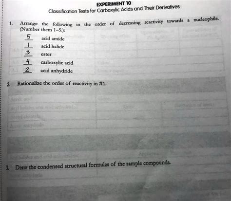 SOLVED EXPERIMENT 10 Classification Tests For Carboxylic Acids And Their Derivatives Decreasing