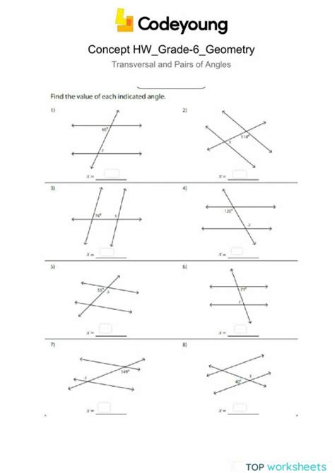 Transversal And Pairs Of Angles Concept Hw Interactive Worksheet