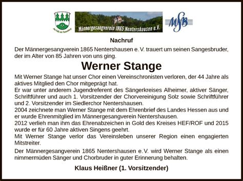 Traueranzeigen Von Werner Stange Trauer HNA De