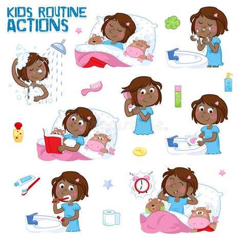 Rutina Diaria De Una Niña Con El Pelo Del Jengibre Sistema De Ocho Acciones De La Rutina De La