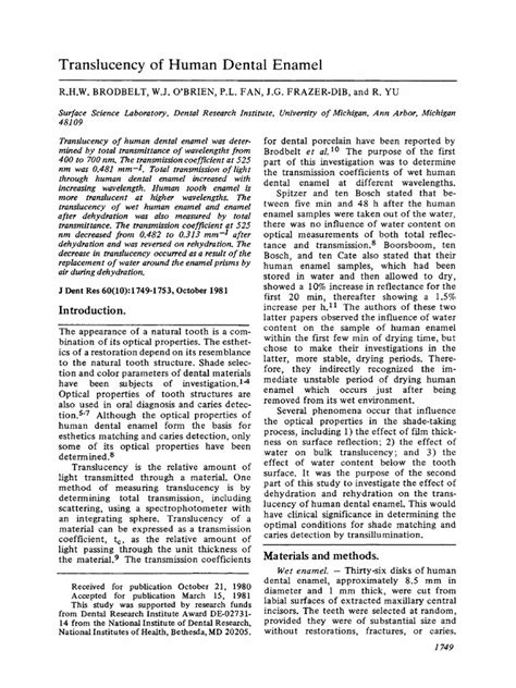 Translucency Of Human Enamel Pdf Tooth Enamel Refractive Index