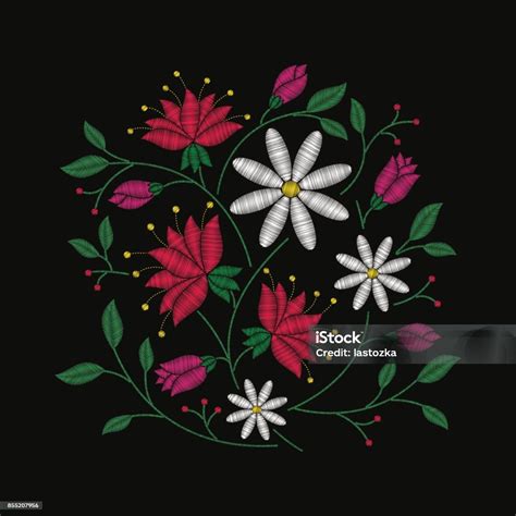 자 수 핑크 빨간색과 흰색 꽃과 검은 배경에 녹색 잎의 부케와 꽃 패턴입니다 장미 Chamomiles 모란입니다 민속 민족