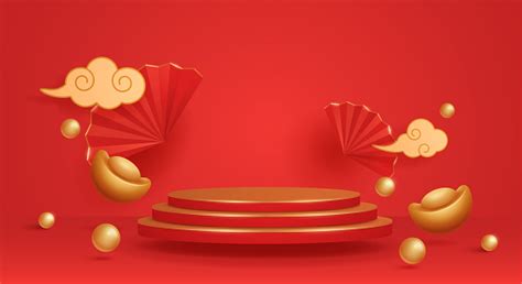 중국 설날 레드와 골든 테마 포디움 장면의 3d 일러스트와 제품 디스플레이를 위한 배경에 동양 축제 요소의 종이 그래픽 스타일