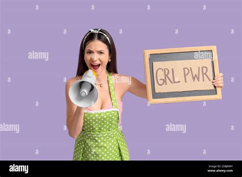 Young Pin Up Woman In Apron With Grl Pwr Sign On Chalkboard Shouting