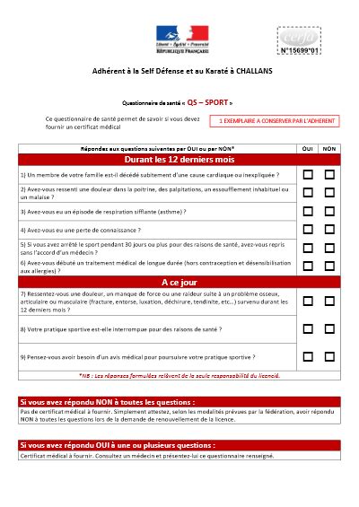 Questionnairesanté Self Défense Karaté Adhérents Majeurs