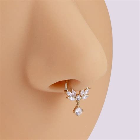 14k Solid Gold Dangle Cz Vine Hoop Clicker Seamless Hinged Segment Hoop