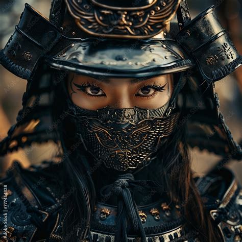 A Beautiful Japanese Samurai Woman Wearing A Black Metal Mask With