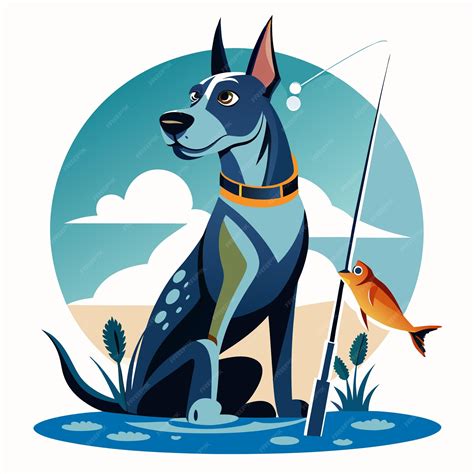 Premium Vector A Dog Is Fishing With A Fish In The Background