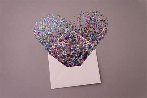 파스텔 라일락 배경에 하트 모양의 여러 가지 빛깔의 반짝반짝 색종이 문자가 있는 흰색 봉투를 열었습니다 축제 인사말 개념입니다
