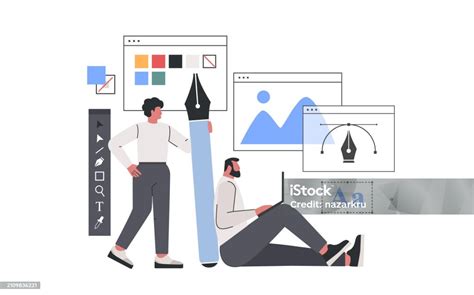 그래픽 디자인 컨셉입니다 프로젝트에서 함께 작업하는 디자이너 또는 일러스트레이터 랩톱 컴퓨터와 거대한 스타일러스 펜을 사용하는