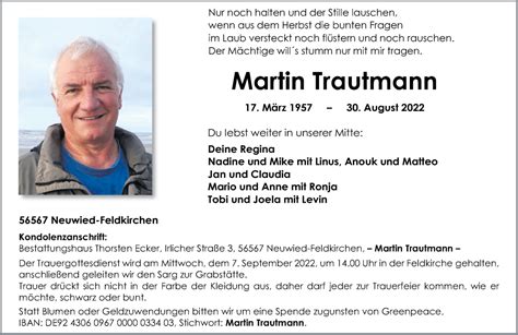 Traueranzeigen Von Martin Trautmann Rz Trauer De