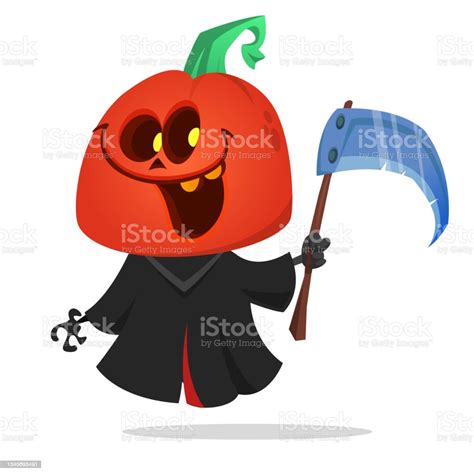 낫을 곁들인 냉혹한 사신 호박 머리 만화 캐릭터 파티 초대 또는 포스터에 대한 할로윈 잭 O 랜턴 일러스트 디자인 벡터 허수아비