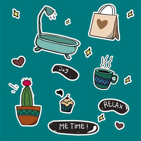 Hand Drawn Me Time Sticker Set Vector Illustration 23203449 Vector Art
