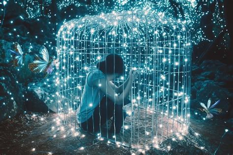 Premium Photo A Girl Trapped In A Cage Of Lights In A Dark Forest