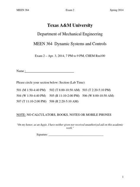 Tamu Meen 364 2014 Exam Pdf Control Theory Physics
