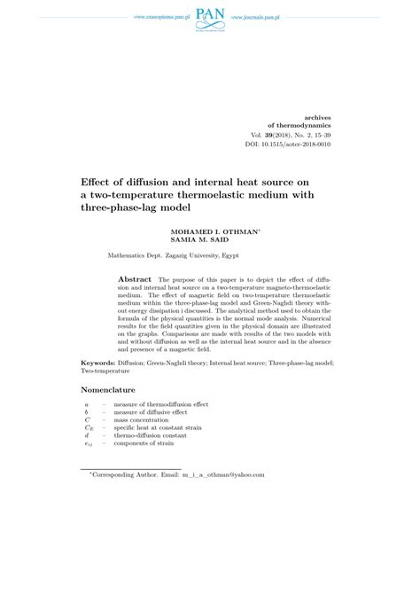 Pdf Effects Of Diffusion And Internal Heat Source On A Two