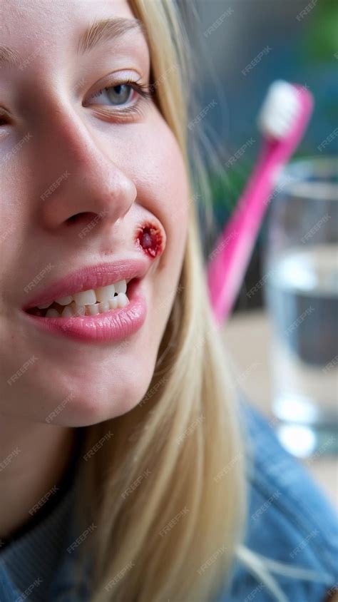Ulcerative Stomatitis On The Gums Gum Inflammation Close Up Of Young