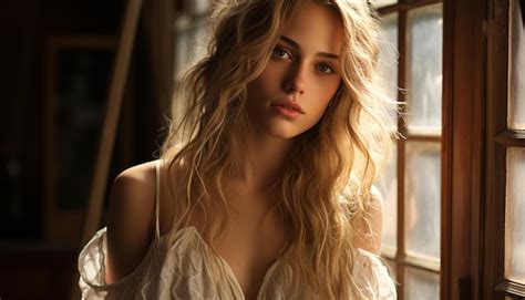 Une belle femme aux longs cheveux blonds regardant une caméra générée par l intelligence