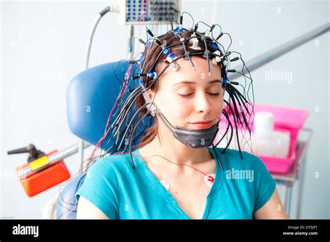 Woman Undergoing An Electroencephalogram Eeg Limoges Hospital Stock